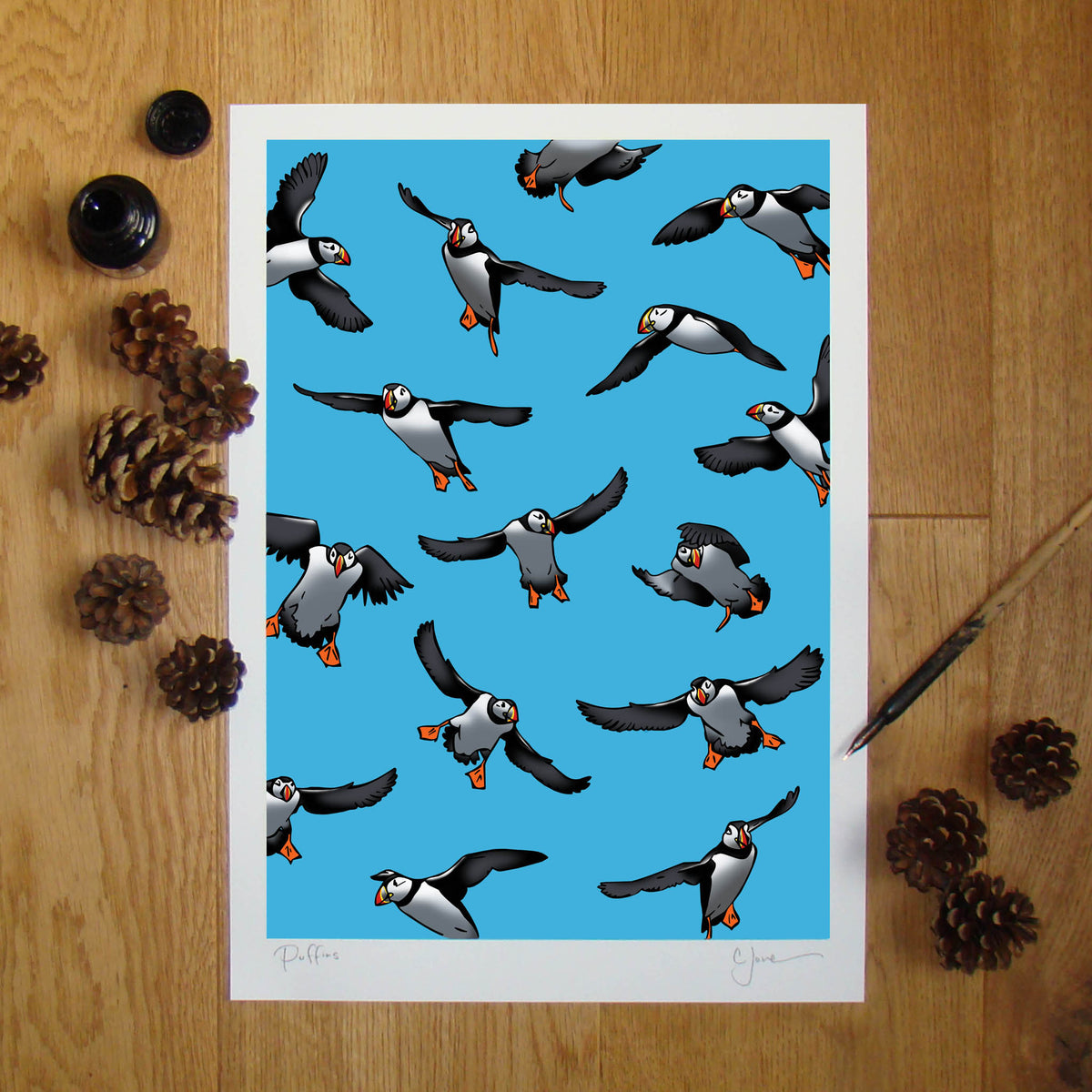 Puffins illustration signed A3 print – Cheryl Jones Designs